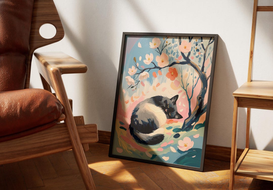 Sakura Nap Print – Japanese Cherry Blossom Cat Print, Matisse-inspired ...