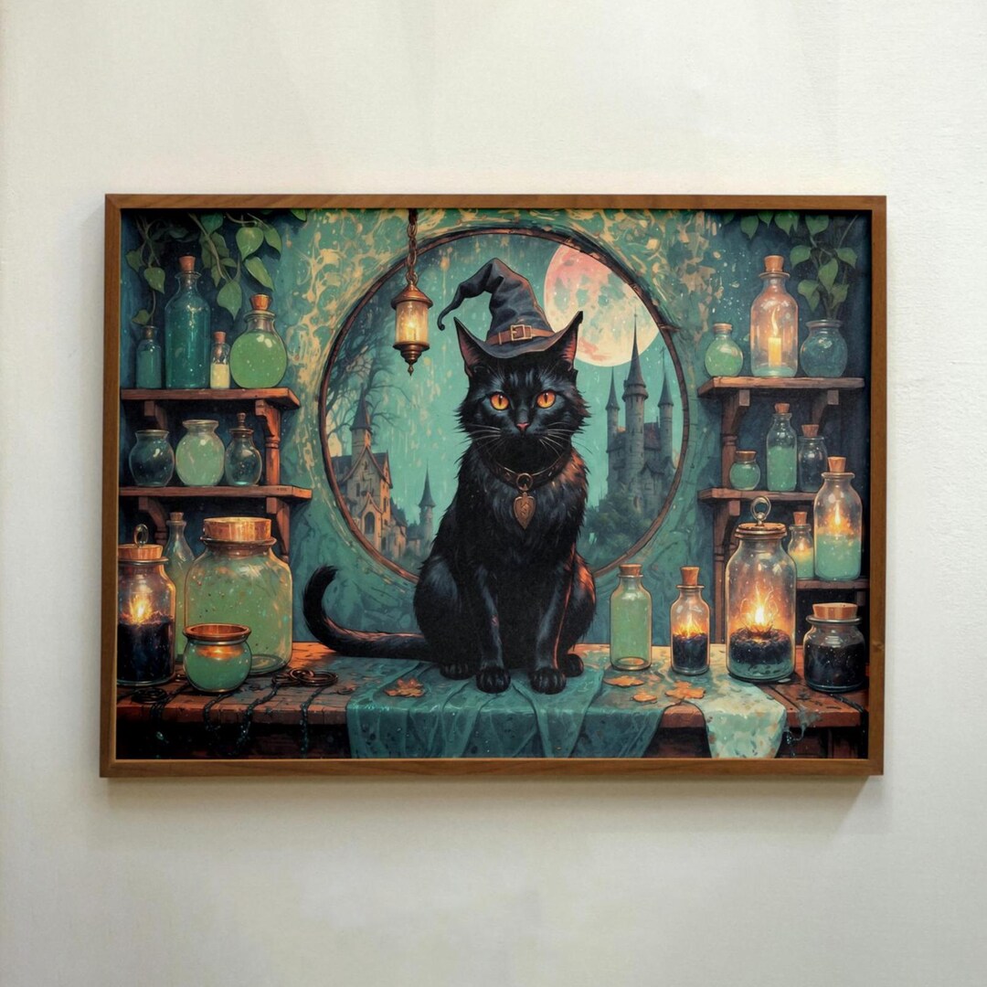 Witch Cat Art Print: Gothic Potion Castle Illustration - Etsy