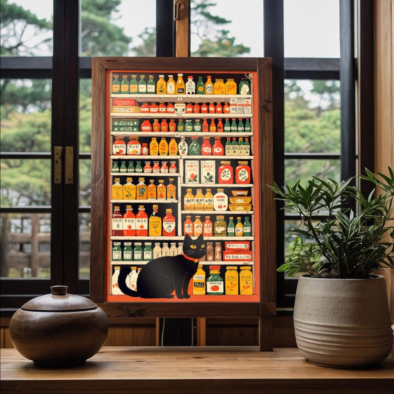 Black Cat in Convenience Store Print, Illustration, Ukiyo-e, Enikő Eged Style, Japanese ...