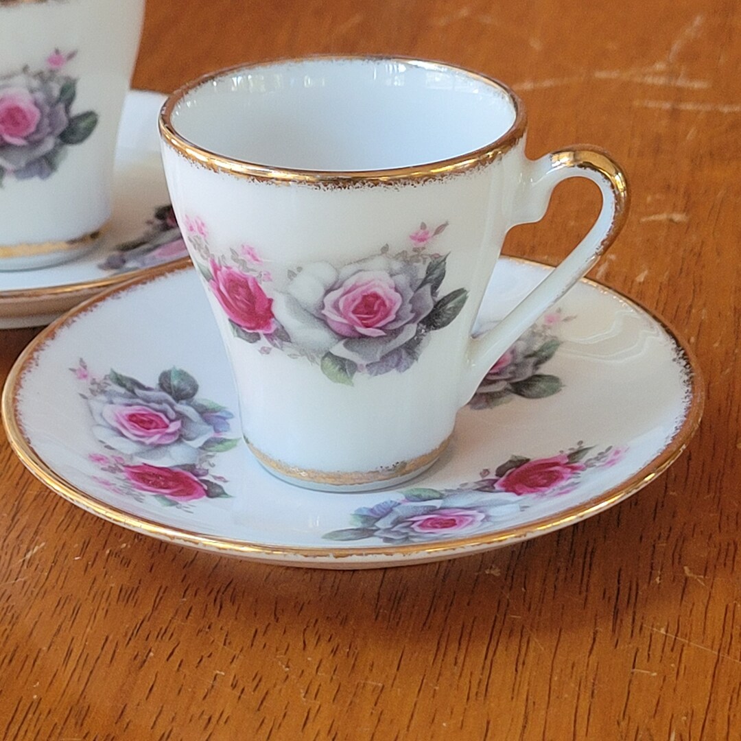 Retro Pink and Green Tea Rose Espresso Cups and Saucers Set for 2 - Etsy