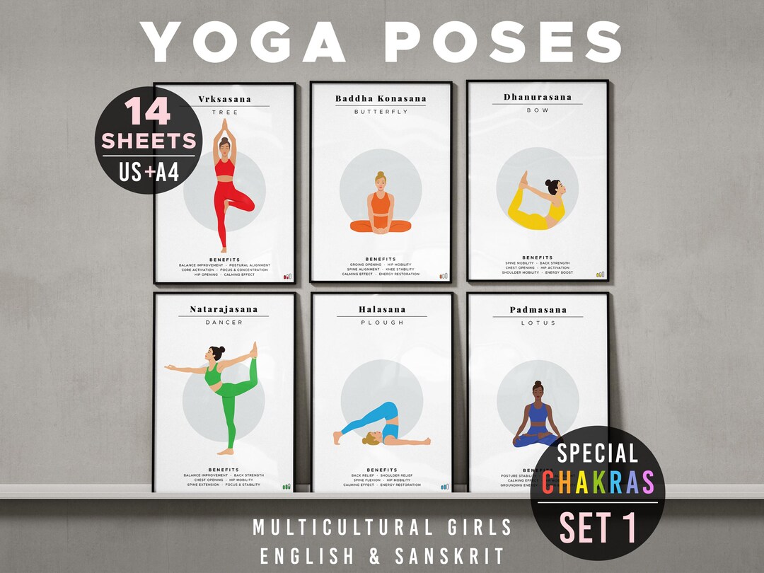 Printable Yoga Pose Posters • Multicultural Girls & Chakra Colors (set ...