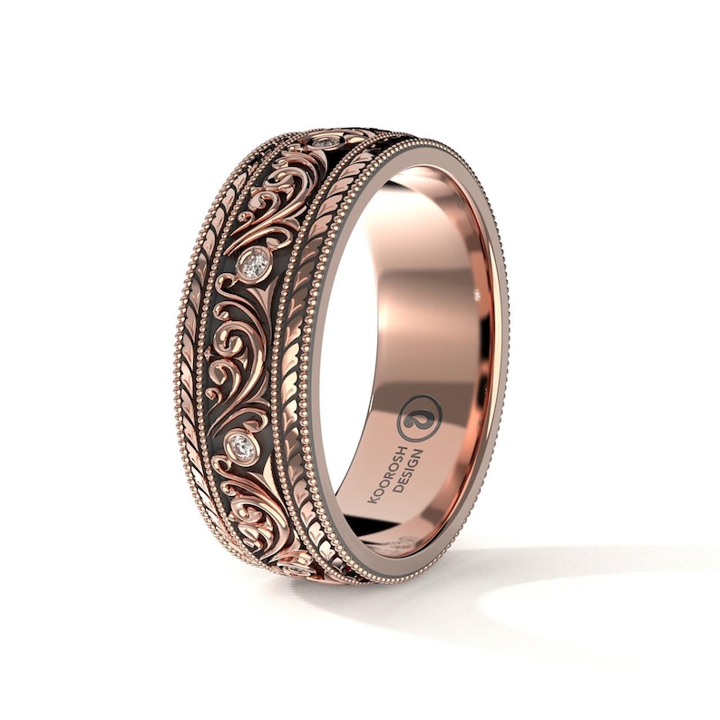 Armaan - 8mm Men's Antiqued Black 14K Rose Gold Scrollwork Wedding Band ...