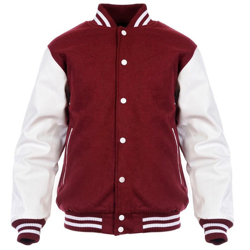 Maroon and White Wool Varsity Jacket: Leather Sleeve Letterman Bomber ...