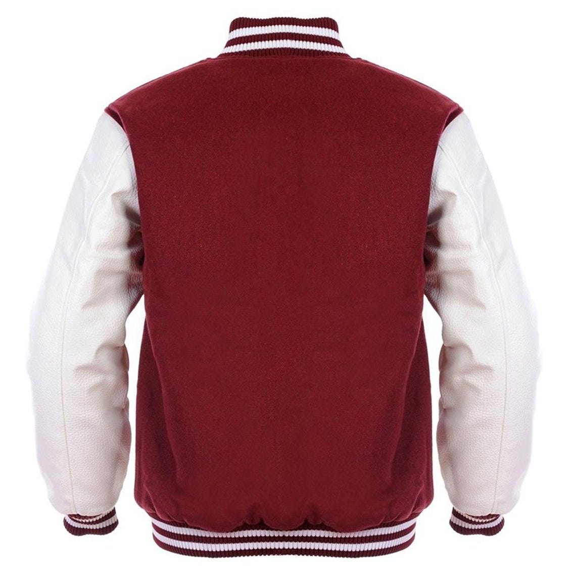 Maroon and White Wool Varsity Jacket: Leather Sleeve Letterman Bomber ...