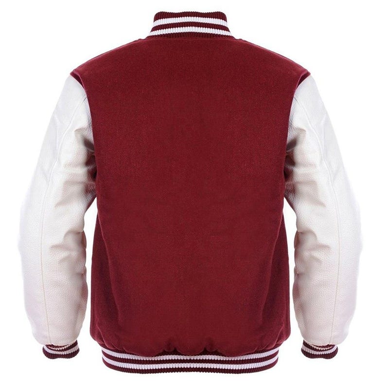 Maroon and White Wool Varsity Jacket: Leather Sleeve Letterman Bomber ...
