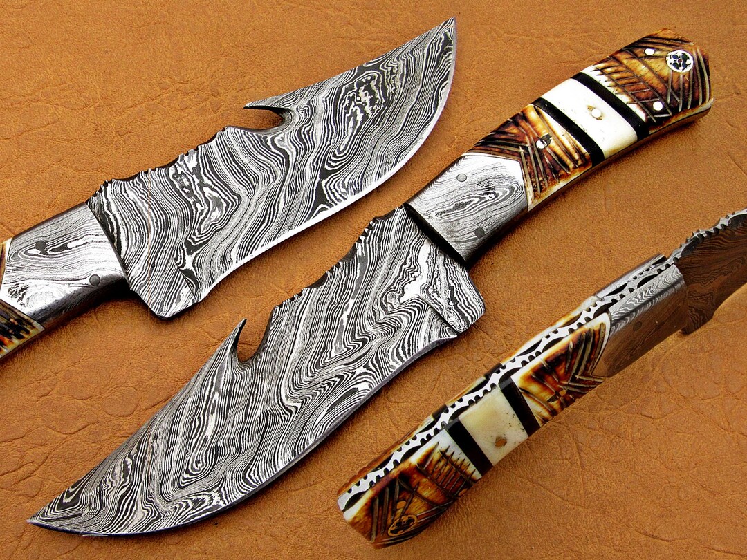 Handmade Damascus Skinner Knife With Gut Hook - Burn Bone Handle - Etsy