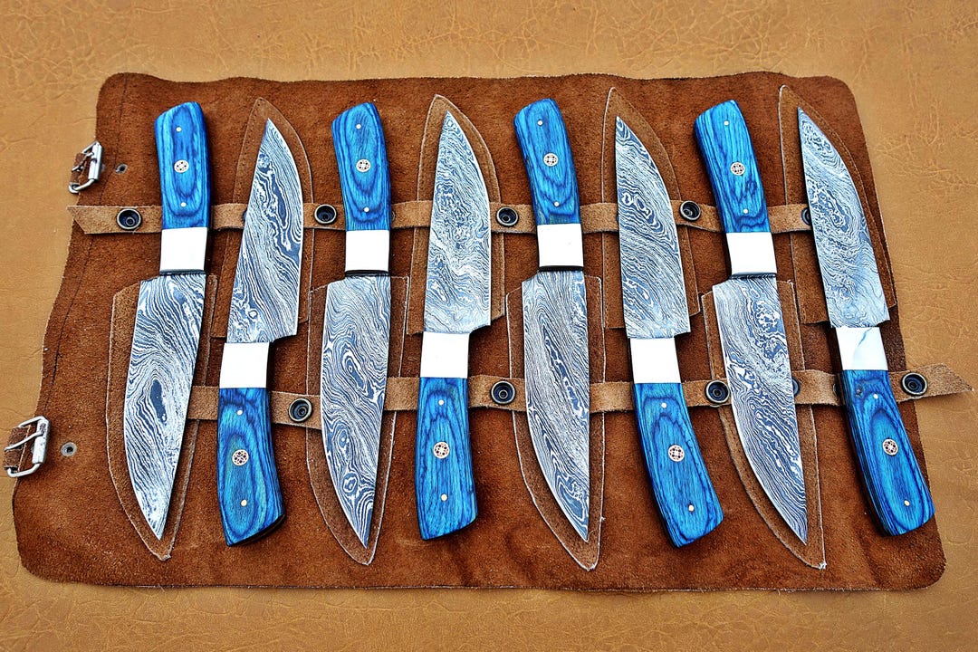 Handforged Damascus Steak Knife Set: Blue Micarta Handle, BBQ Knives - Etsy