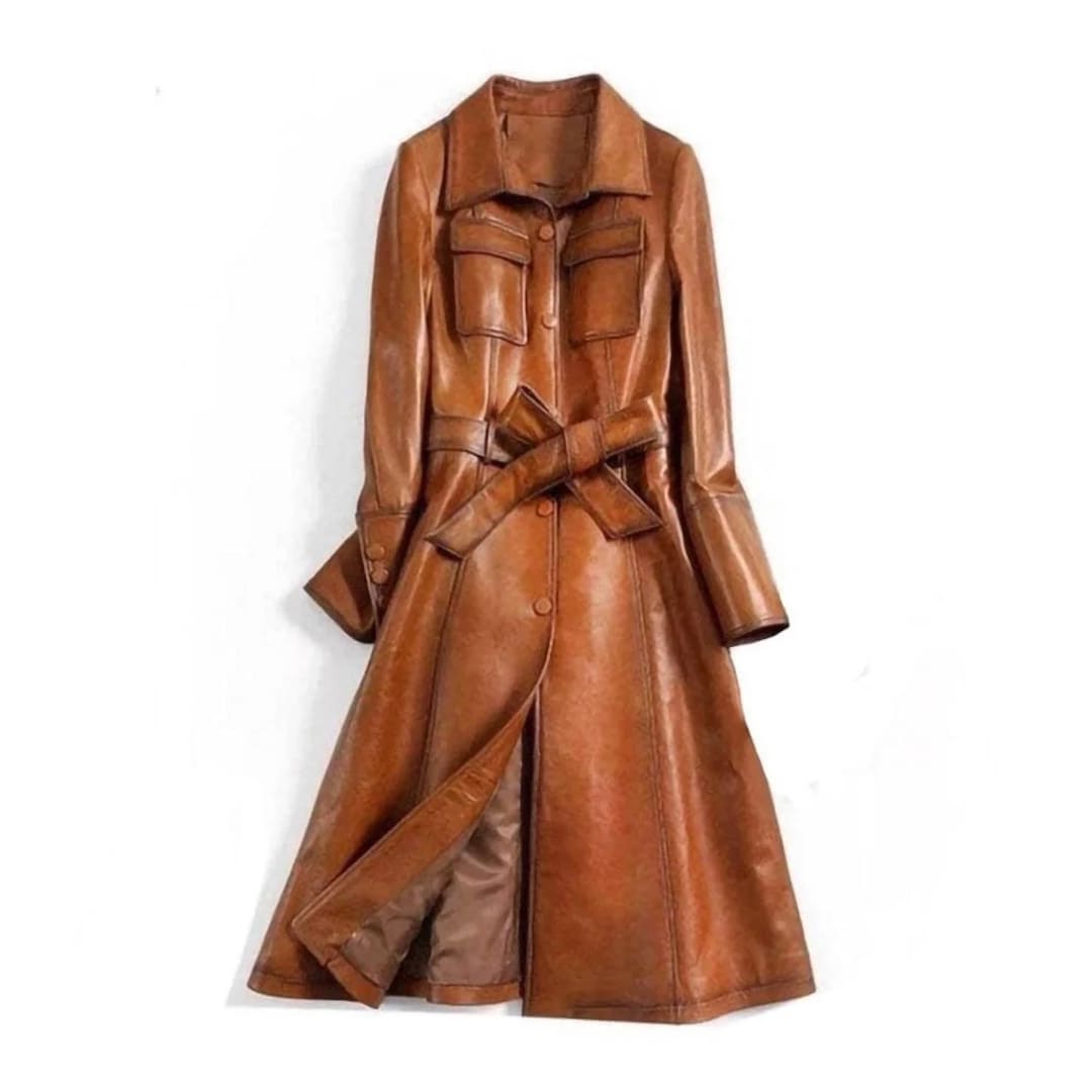 Italian Style Overcoat Real Leather Trench Coat Wax Tan Long Sheep ...