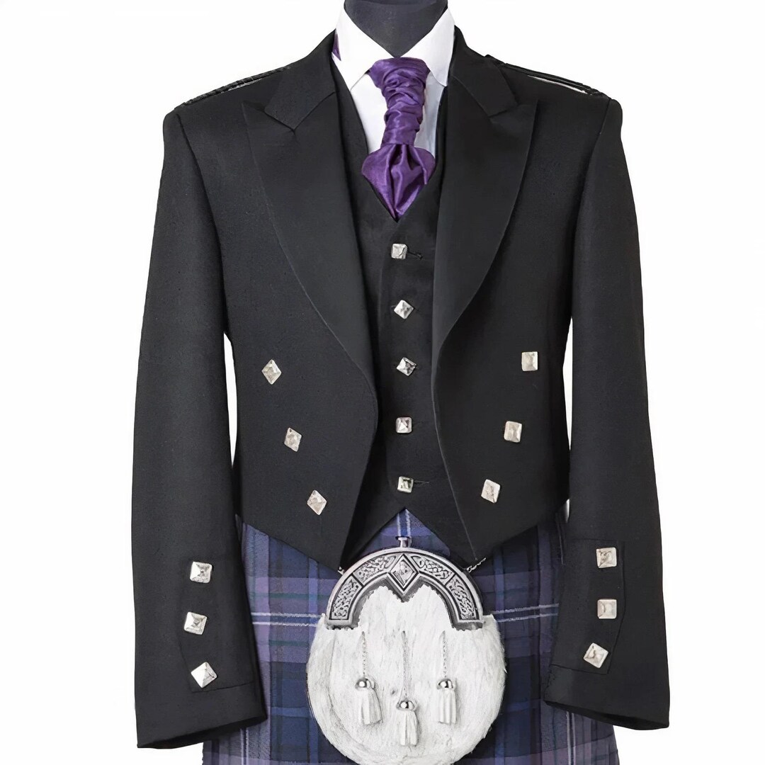 Men's Black Prince Charlie Kilt Jacket With 5 Button Vest Scottish Kilt ...