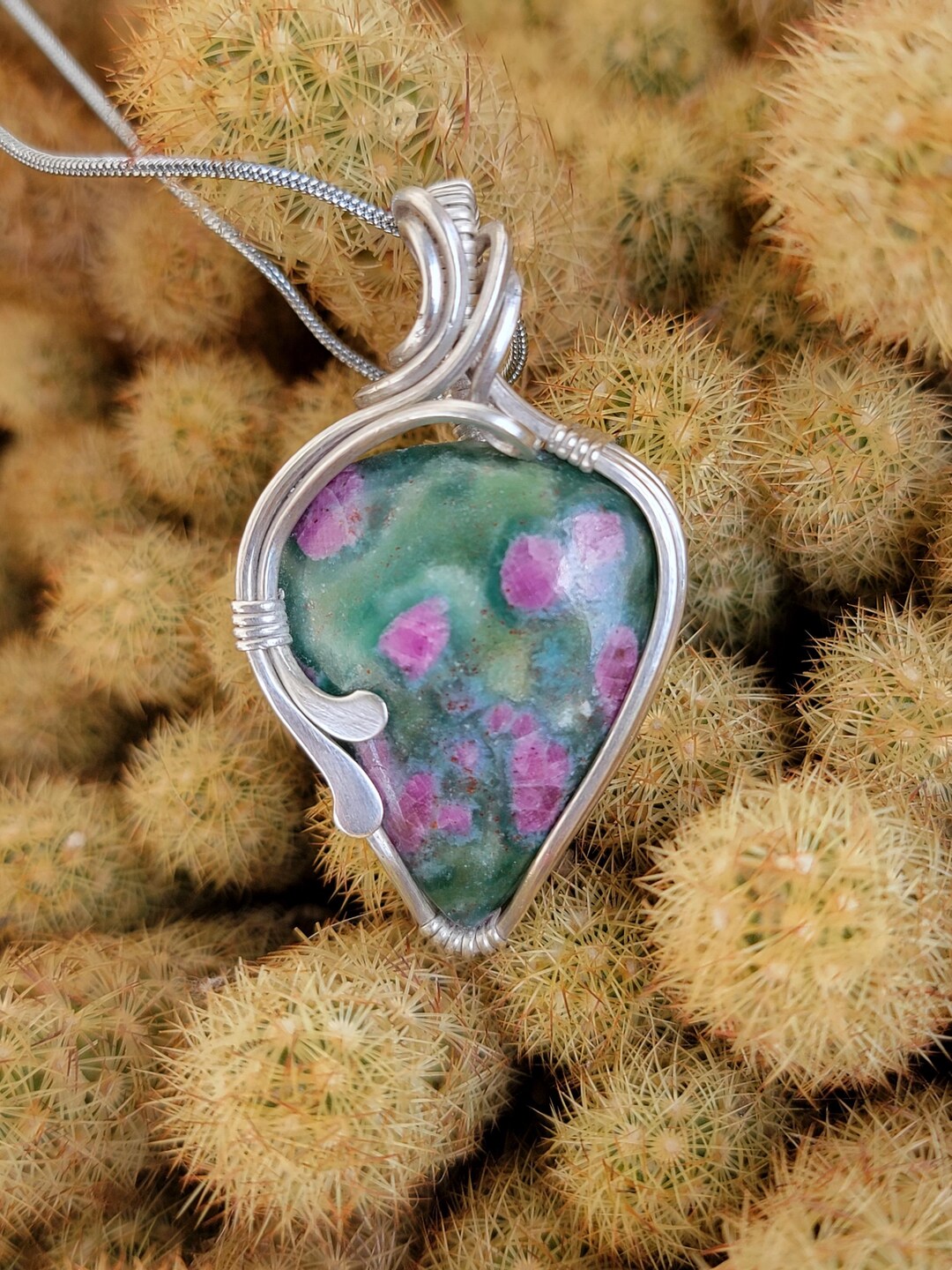 Wire Wrapped Ruby in Fuchsite Pendant Necklace, 960 Fine Silver ...