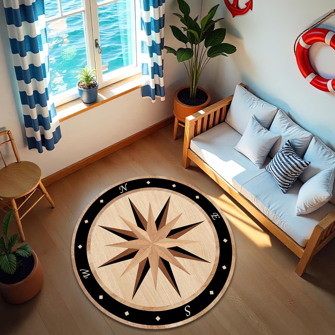 Nautical Compass Rug, Yacht Mat, Coastal Carpet, Nonslip Round Compass ...