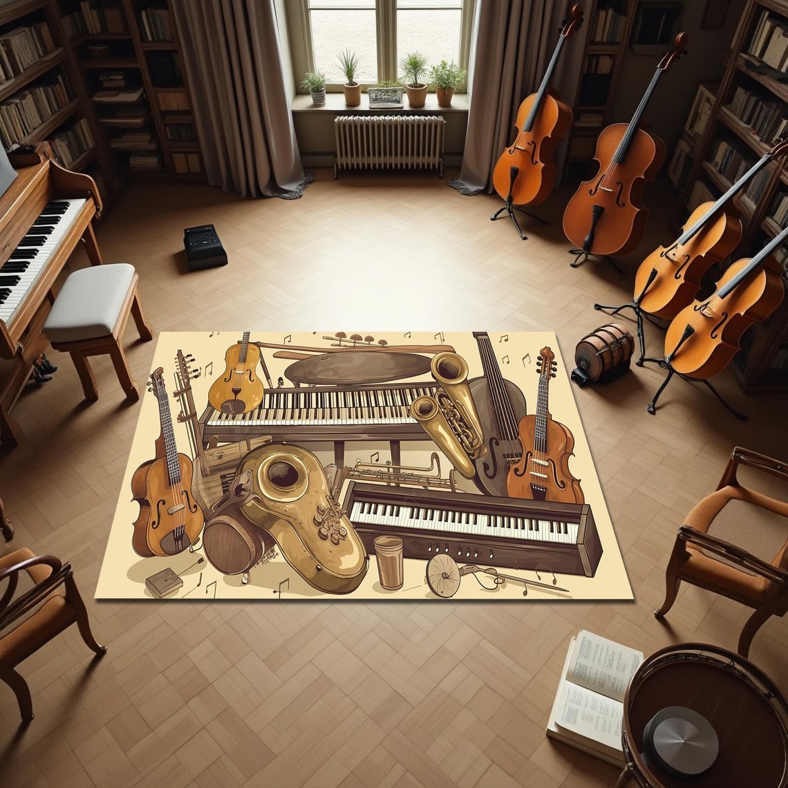 Music Instruments Rug, Music Room Mat, Retro Style Music Carpet, Piano ...