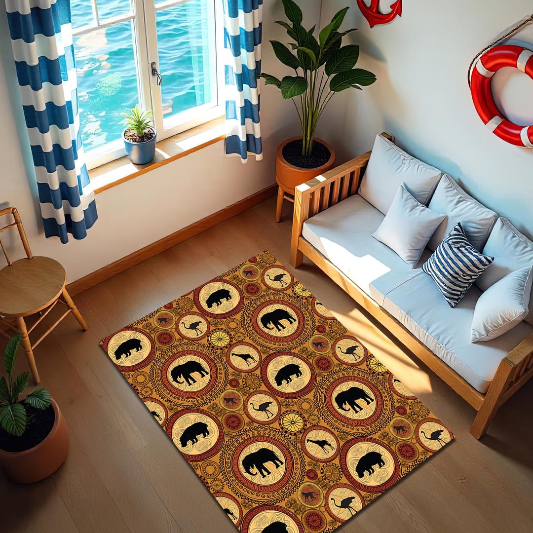 African Animal Rug, Ethnic Safari Carpet, Tribal Wildlife Floor Mat for ...