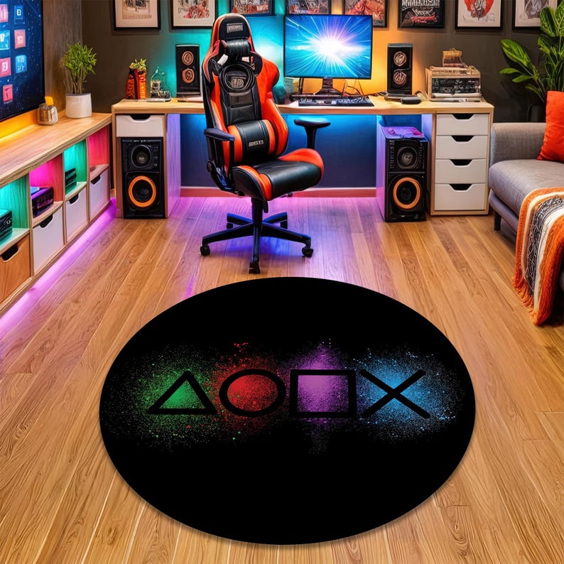 Neon Color Game Controller Button Rug, Nonslip Round Gaming Chair Mat ...
