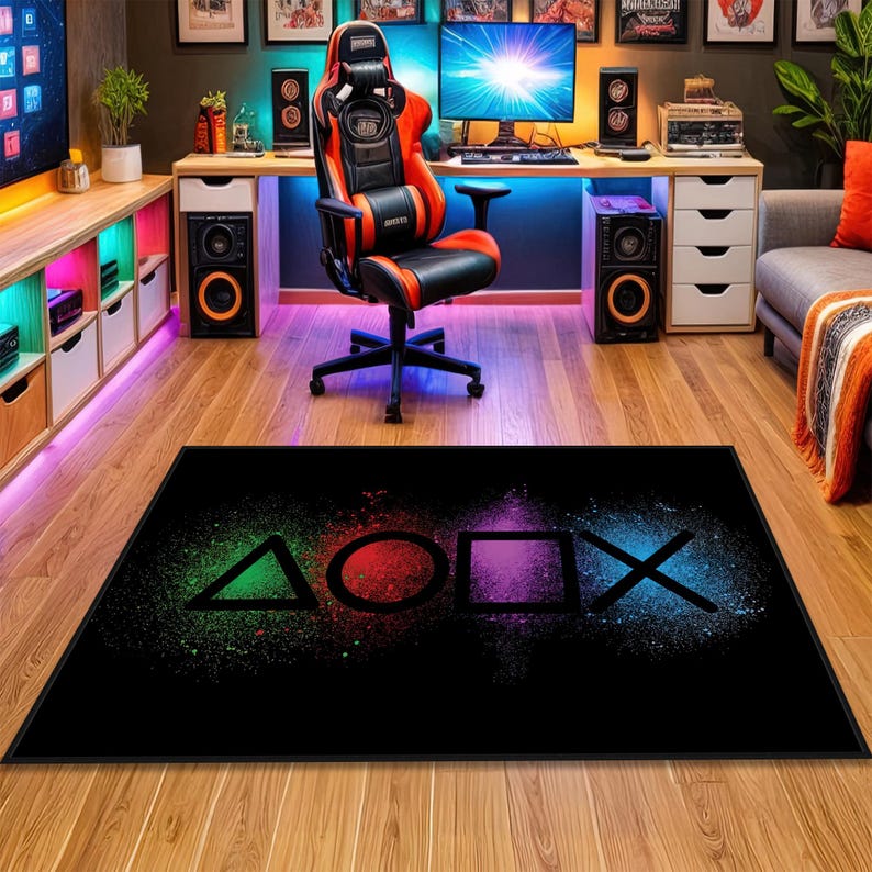 Neon Game Controller Rug: Round Gaming Chair Mat, Gamer Gift - Etsy
