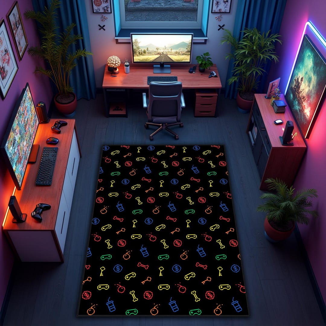 Pixel Art Gaming Room Rug: 90s Arcade Pattern, Black Playroom Carpet - Etsy