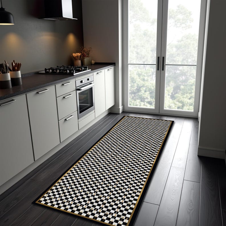 Checkered Runner Rug: Black and White Retro Kitchen Carpet - Etsy