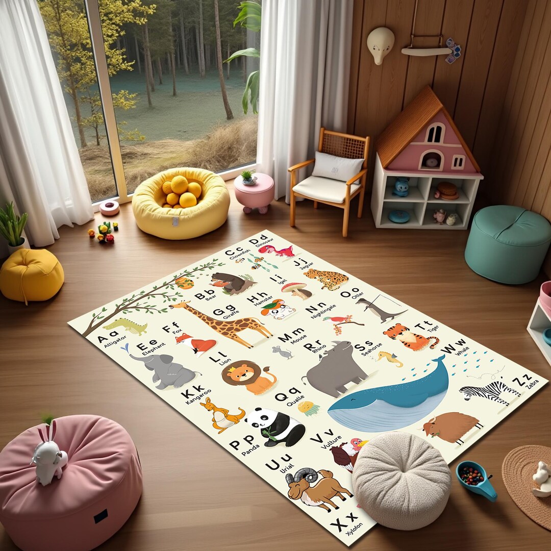Animal Themed Alphabet Rug, Educational Decorative Kindergarten Carpet ...