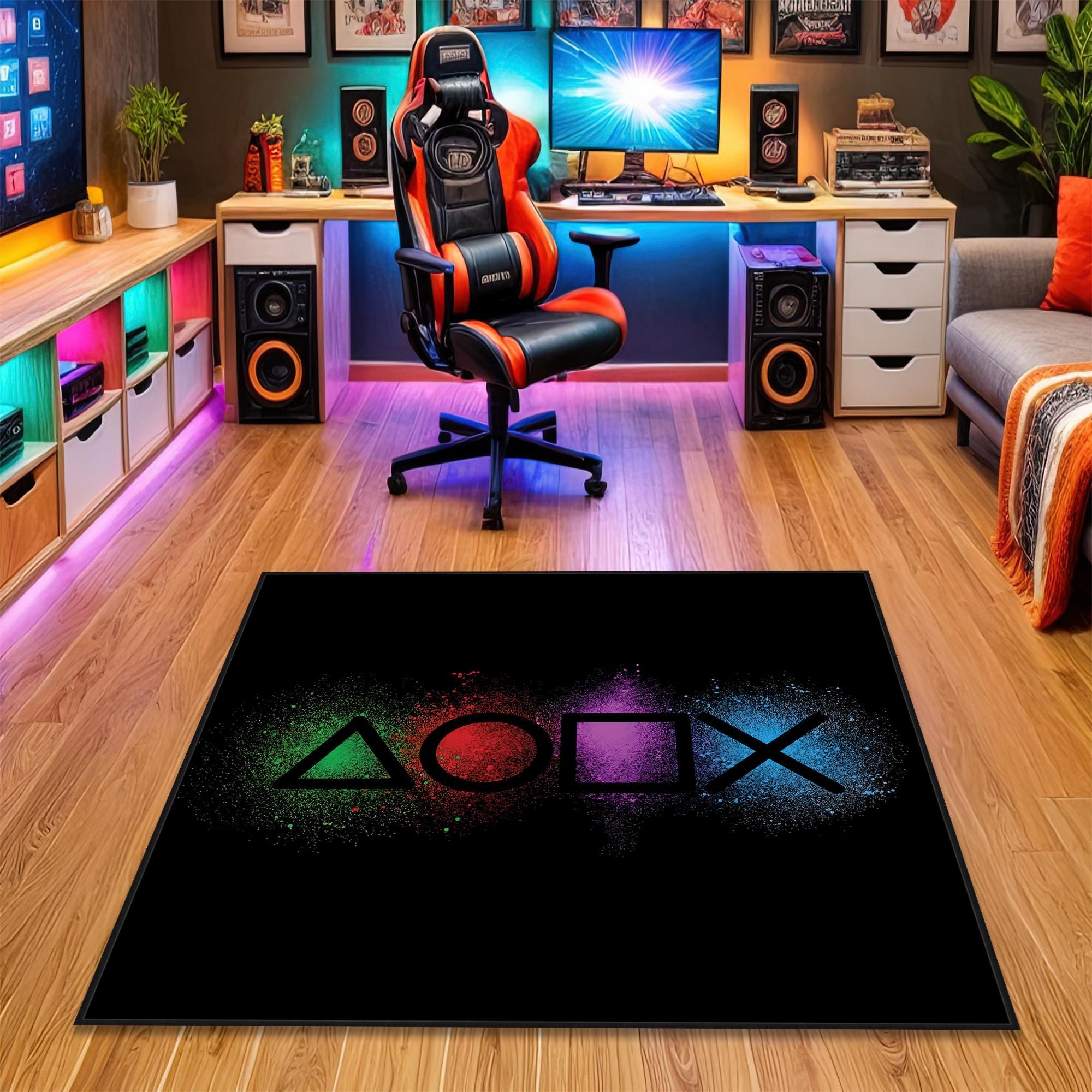 Neon Game Controller Rug: Round Gaming Chair Mat, Gamer Gift - Etsy
