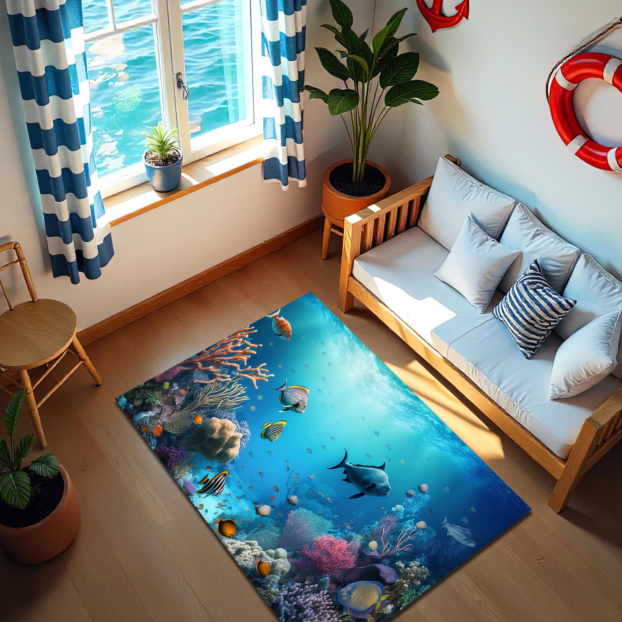 Ocean Theme Rug Aquarium Fish Print Carpet, Underwater Sea Floor Decor ...