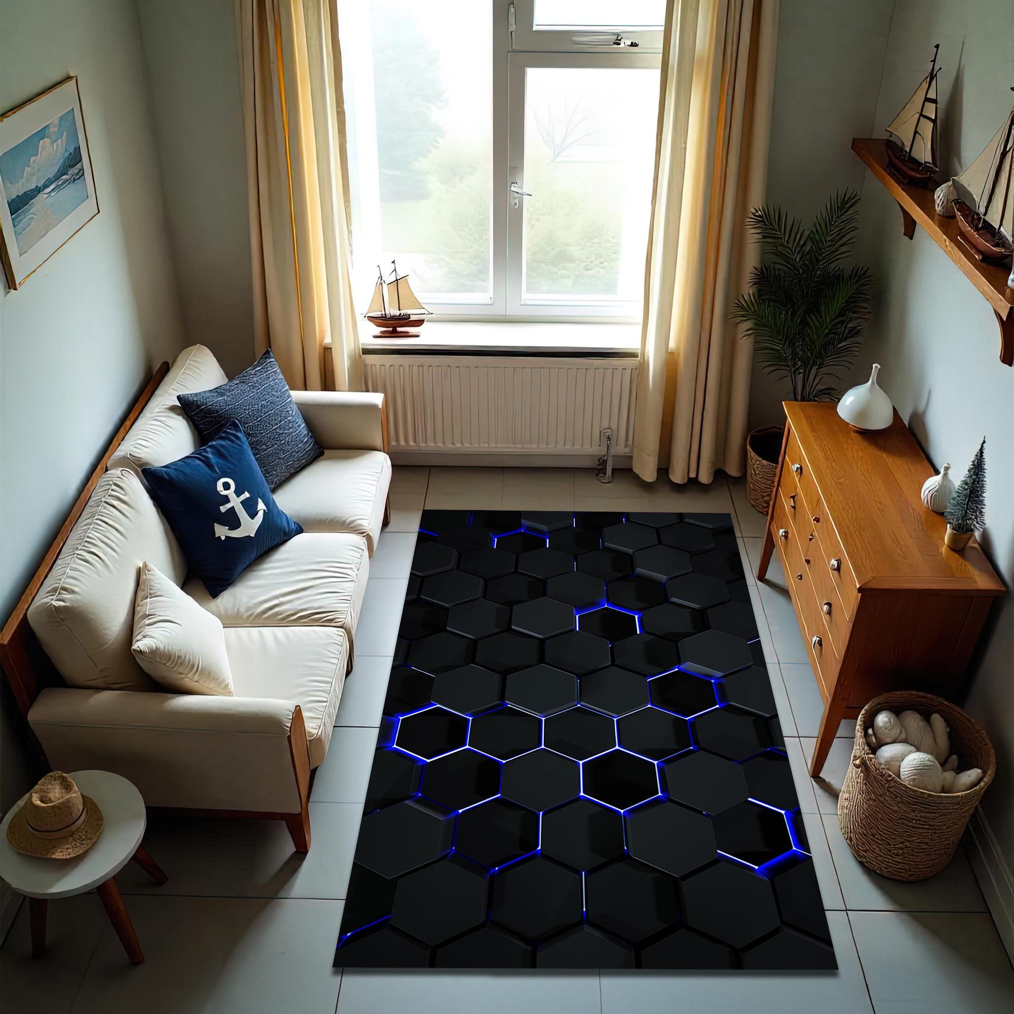 Neon Hexagon Rug, 3D Blue Geometric Carpet, Black Gaming Mat, Gamer ...