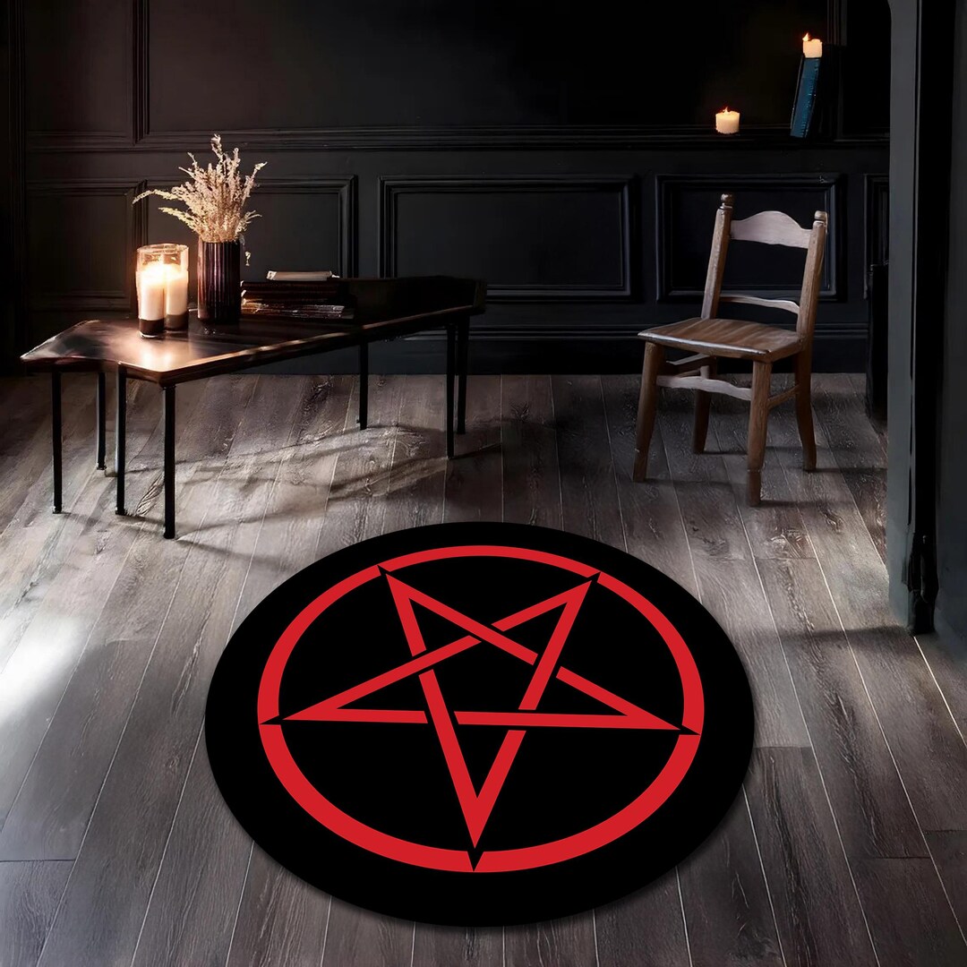 Pentacle Symbol Round Rug, Black and Red Magic Circle Carpet, Satanic ...