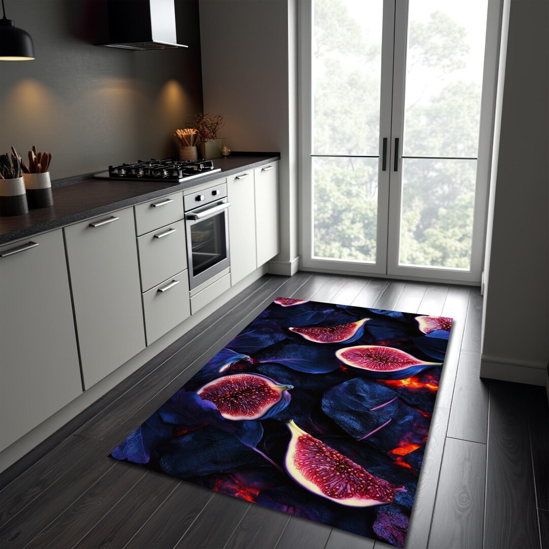 Dark Botanical Fig Rug: Moody Fruit Pattern Carpet Kitchen Decor - Etsy