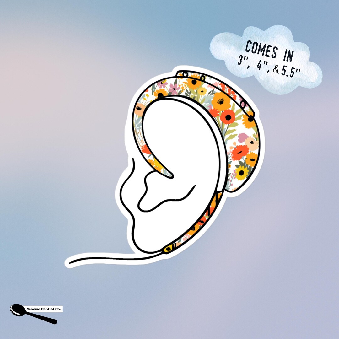 Hearing Aid Black and White Line Art Ear Sticker With Colorful Floral ...