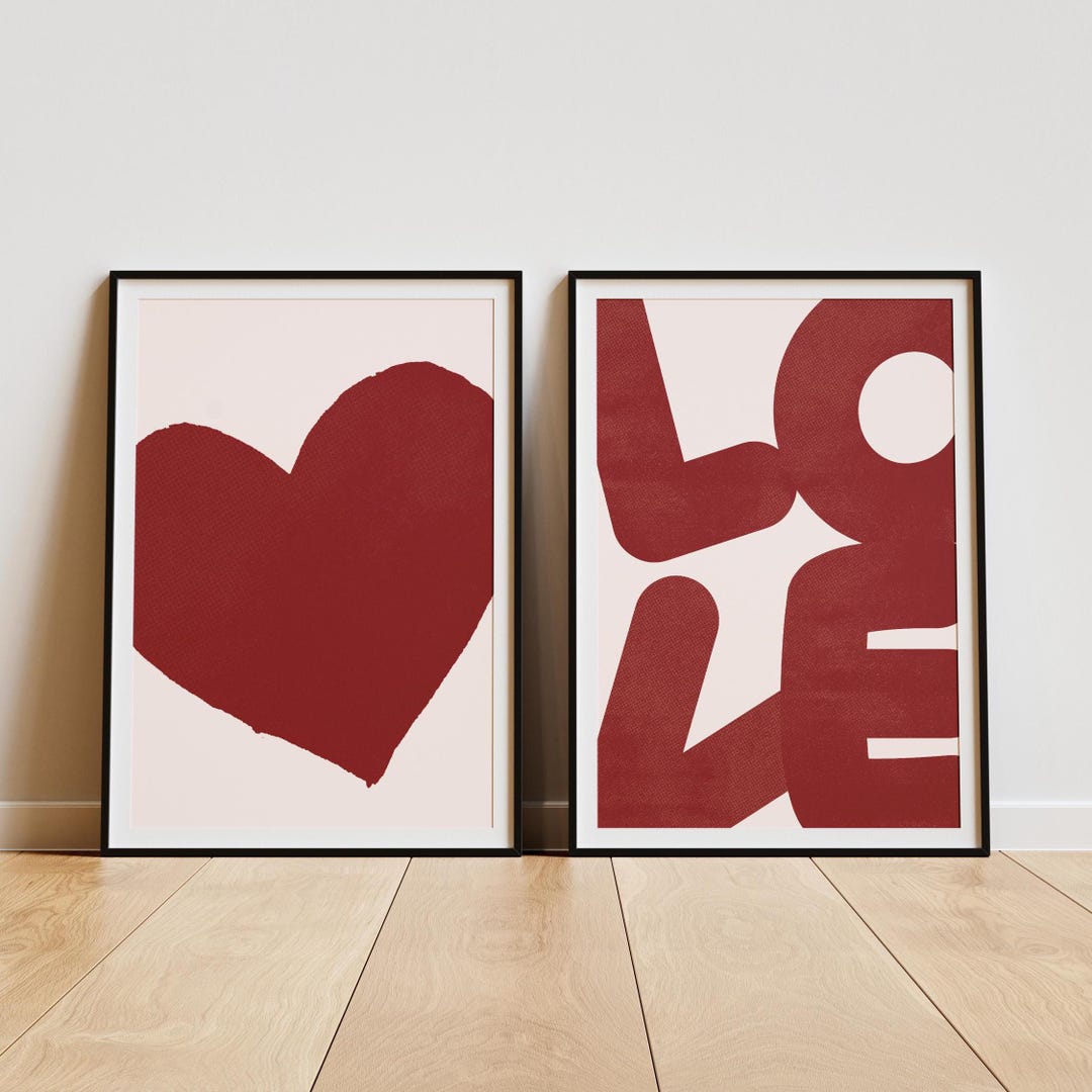 Red Heart Love Wall Art Set of 2 Romantic Poster Girly Room Decor Print ...