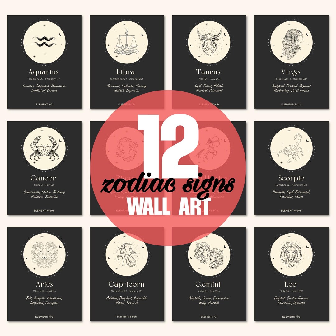 Zodiac Sign Print Set | 12 Minimalist Astrology Posters (digital ...