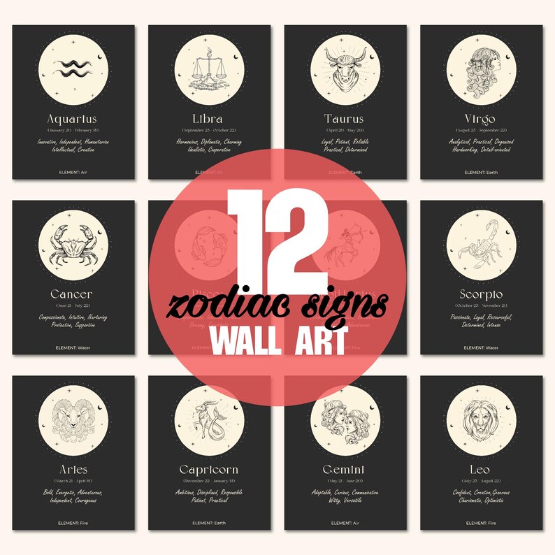 ZODIAC SIGN POSTER Set 12 Minimalist Astrology Prints Celestial ...