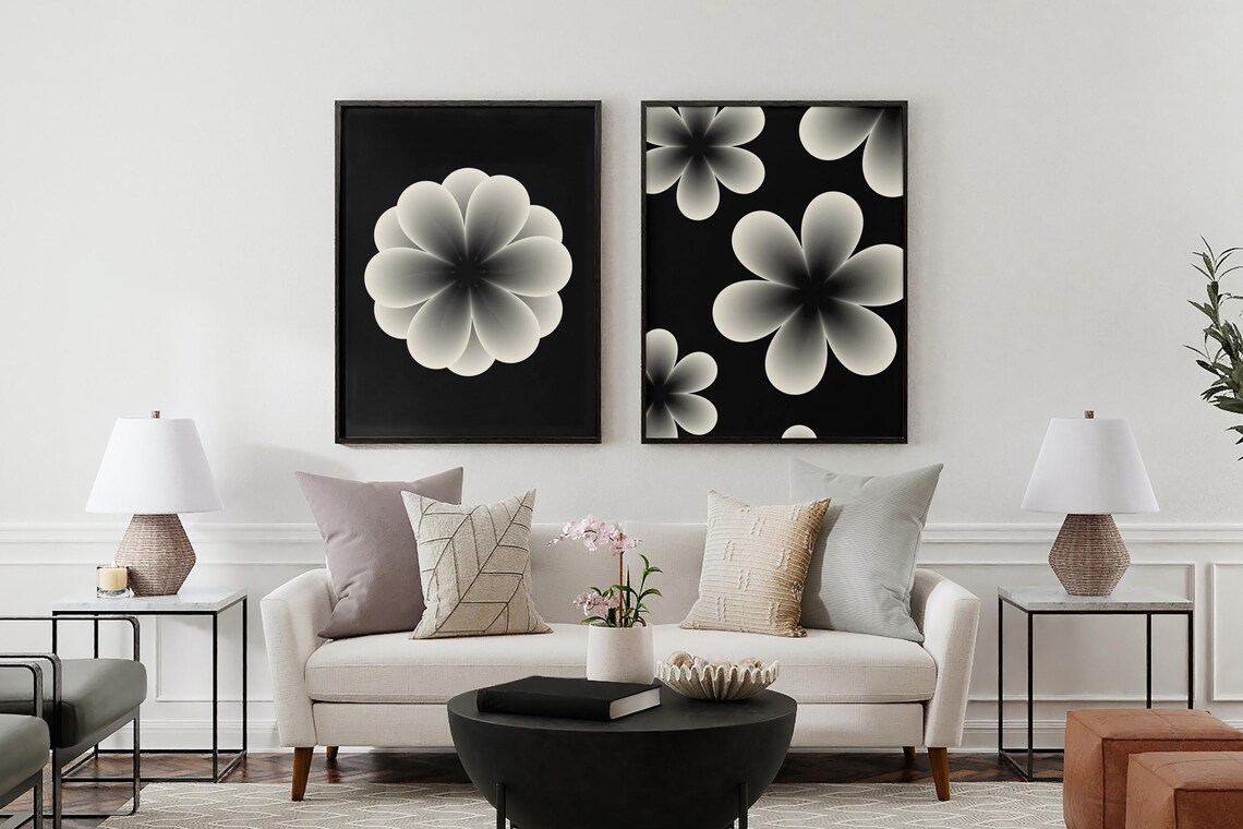 GRADIENT FLOWER ART, White Black Wall Art, Printable Wall Art, Modern ...