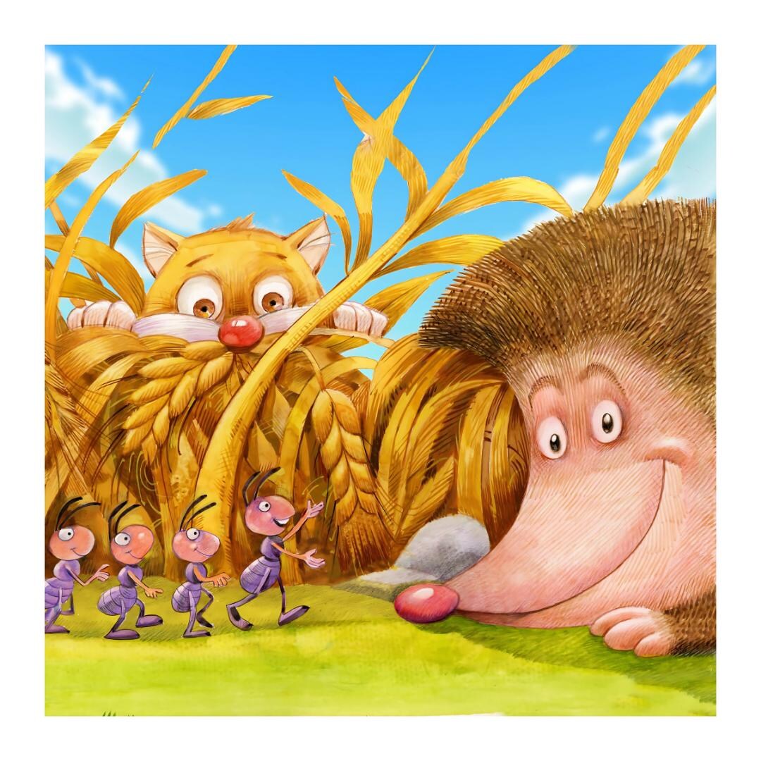 Cartoon Illustration of Cute Cat, Hedgehog, and Marching Ants in a ...