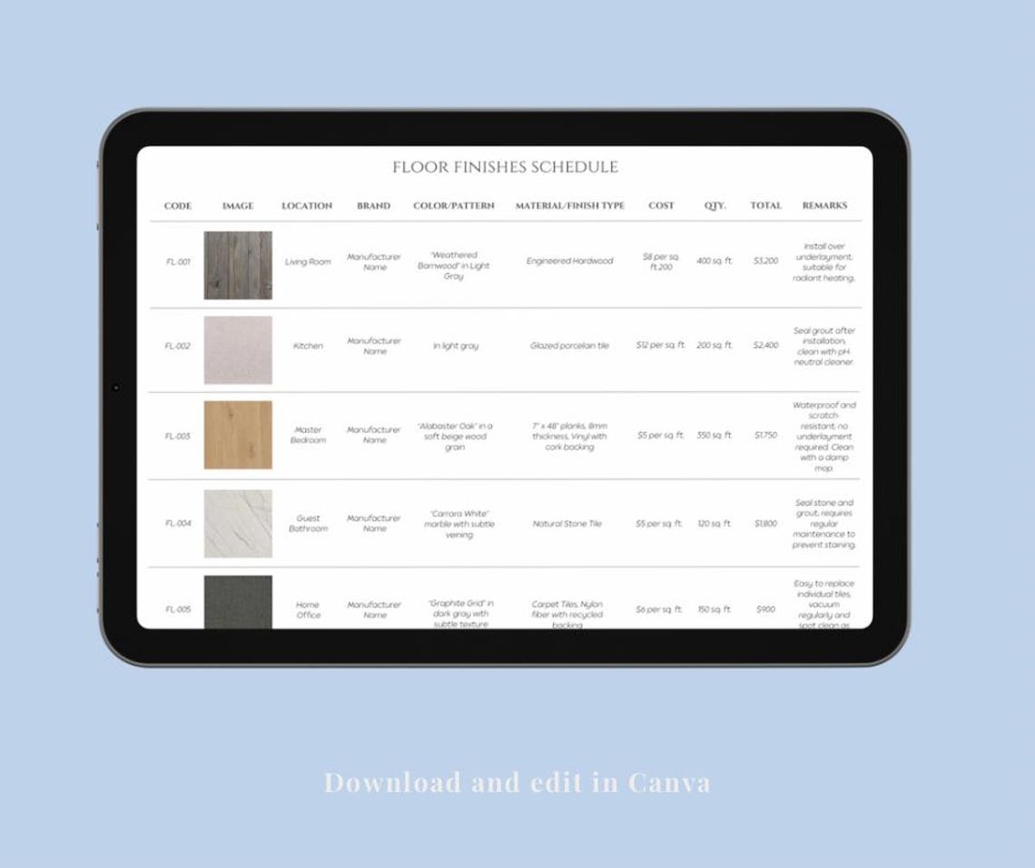 Interior Design FF&E Schedule Template: Canva Editable (digital ...