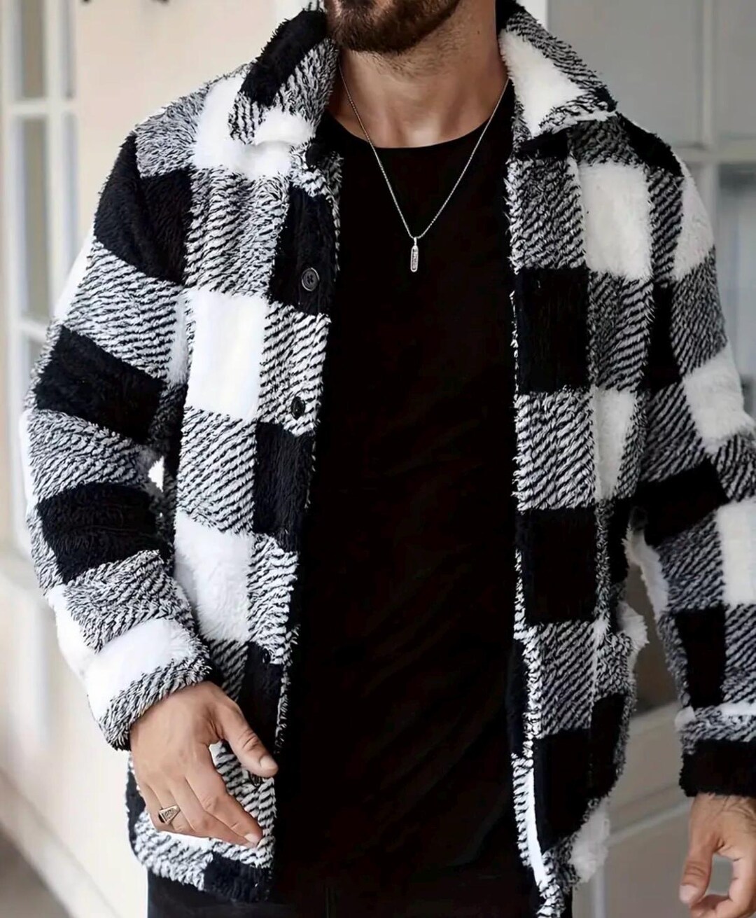 Men’s Black and White Checkered Fleece Jacket – Warm Winter Streetwear ...