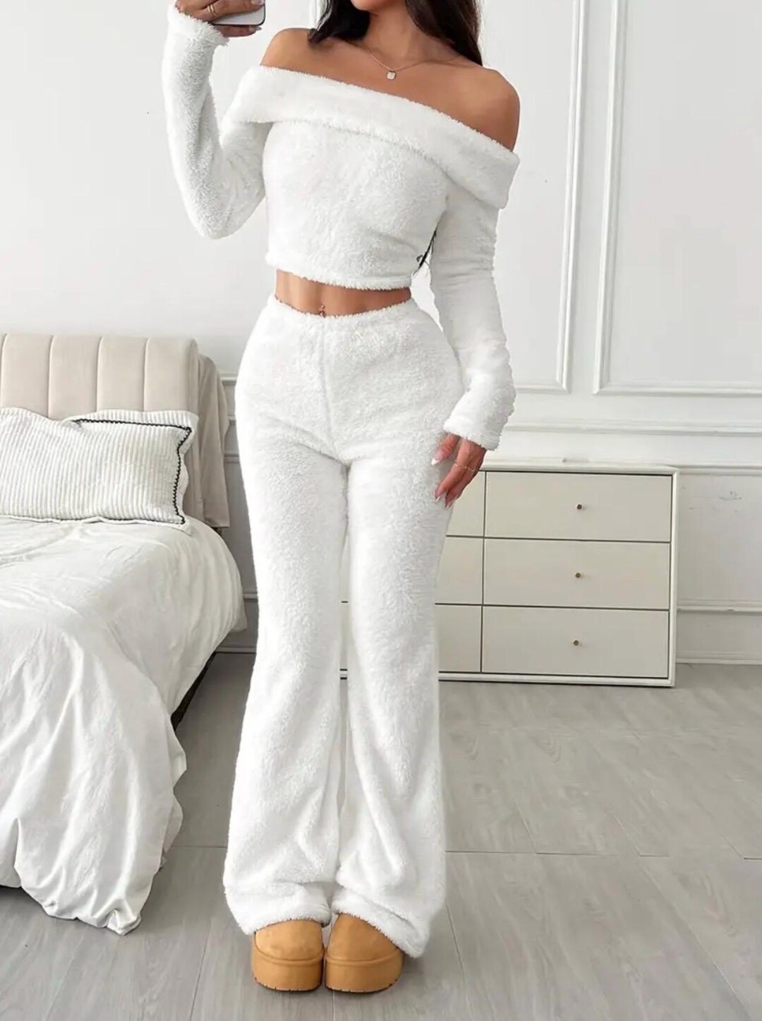 Women’s White Fuzzy Off-shoulder Lounge Set – Cozy Flared Two-piece ...