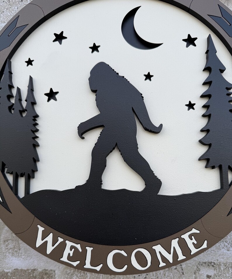 Bigfoot Cryptid Welcome Sign, 3D Layered Front Door Hanger, Rustic ...