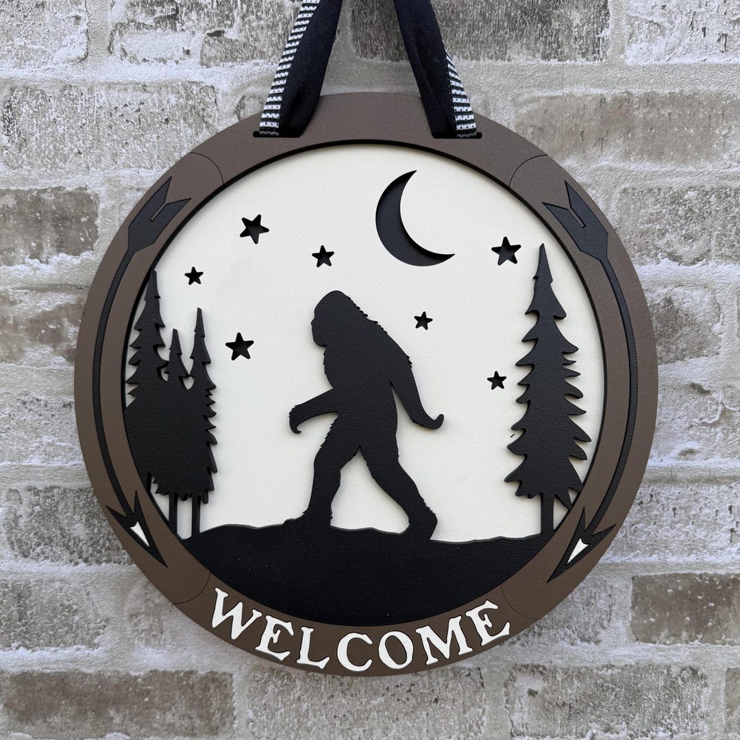 Bigfoot Cryptid Welcome Sign, 3D Layered Front Door Hanger, Rustic ...
