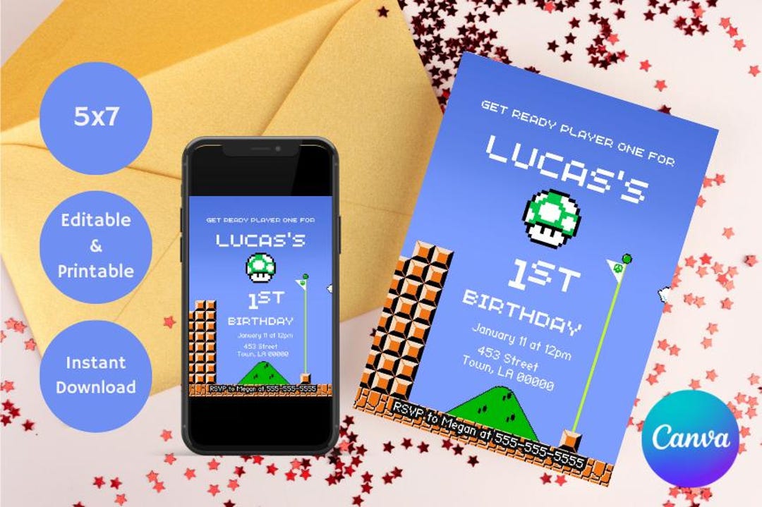 Birthday Party Invitation, Mario First Birthday; Ready Player One 1st ...