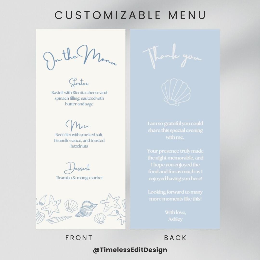 Coastal Sea Shells Menu, Blue and White, Customizable Template - Etsy