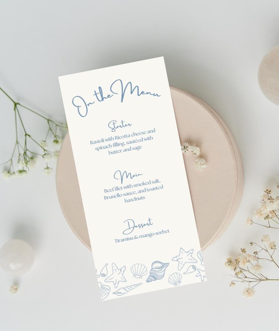 Coastal Sea Shells Menu, Blue and White, Customizable Template - Etsy