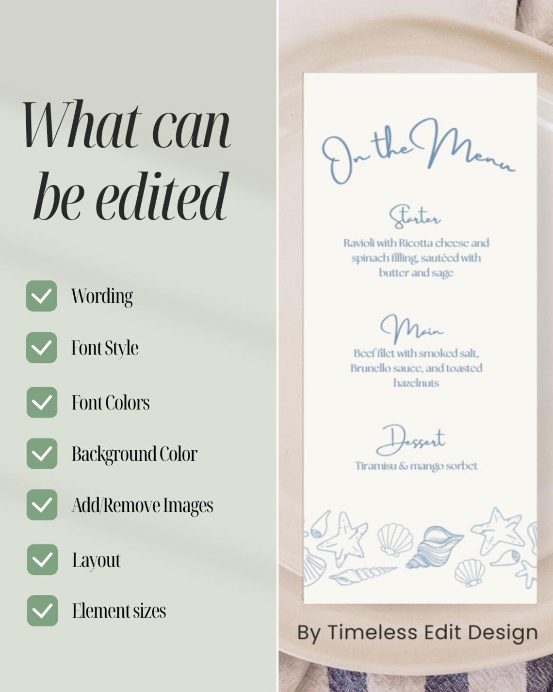 Coastal Sea Shells Menu, Blue and White, Customizable Template - Etsy