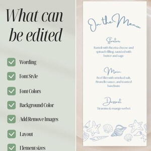 Coastal Sea Shells Menu, Blue and White, Customizable Template - Etsy