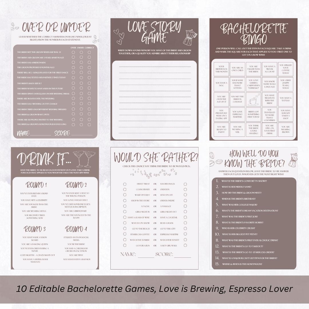 Love is Brewing Bachelorette Games | Espresso Bridal Shower Bundle ...