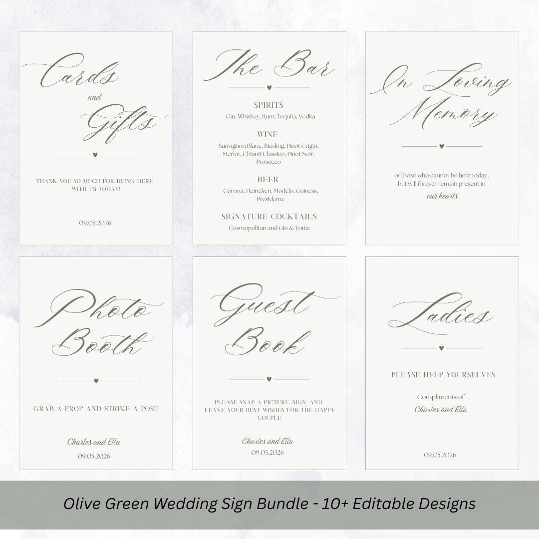 Olive Green Wedding Sign Bundle, Editable Wedding Sign Templates ...