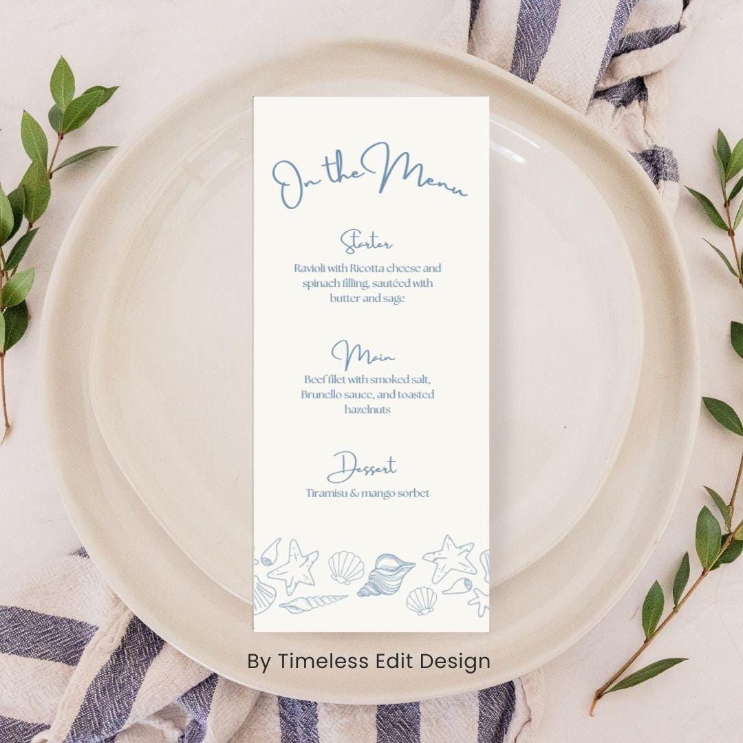 Coastal Sea Shells Menu, Blue and White, Customizable Template - Etsy