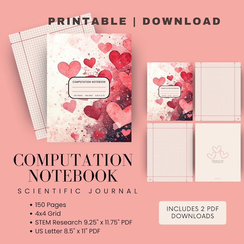 Hearts Computation Notebook | 4x4 Grid Paper Journal | Printable Lab ...