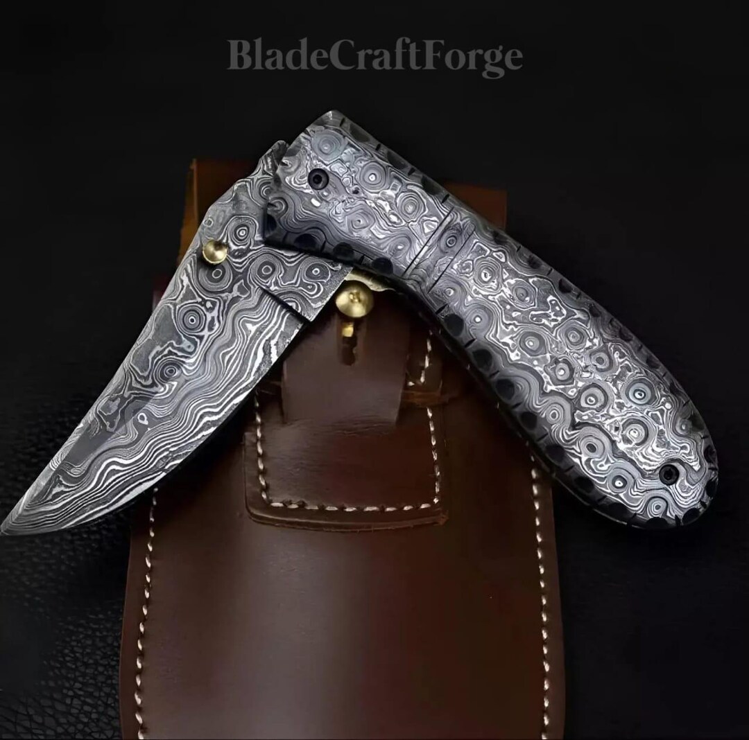 Handmade Damascus Folding Pocket Knife With Leather Sheath – Hunting ...