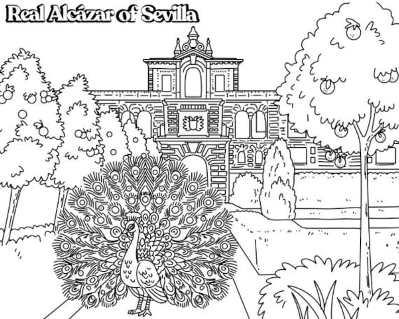 Spain Architecture Coloring Page – Real Alcázar of Sevilla | Printable ...