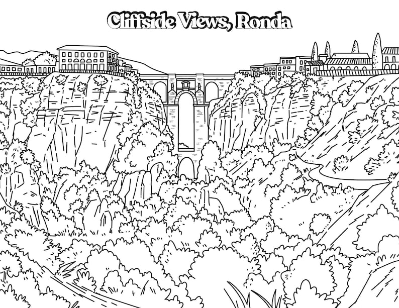 Spanish Landscape Coloring Page – Cliffside Views, Ronda | Printable ...